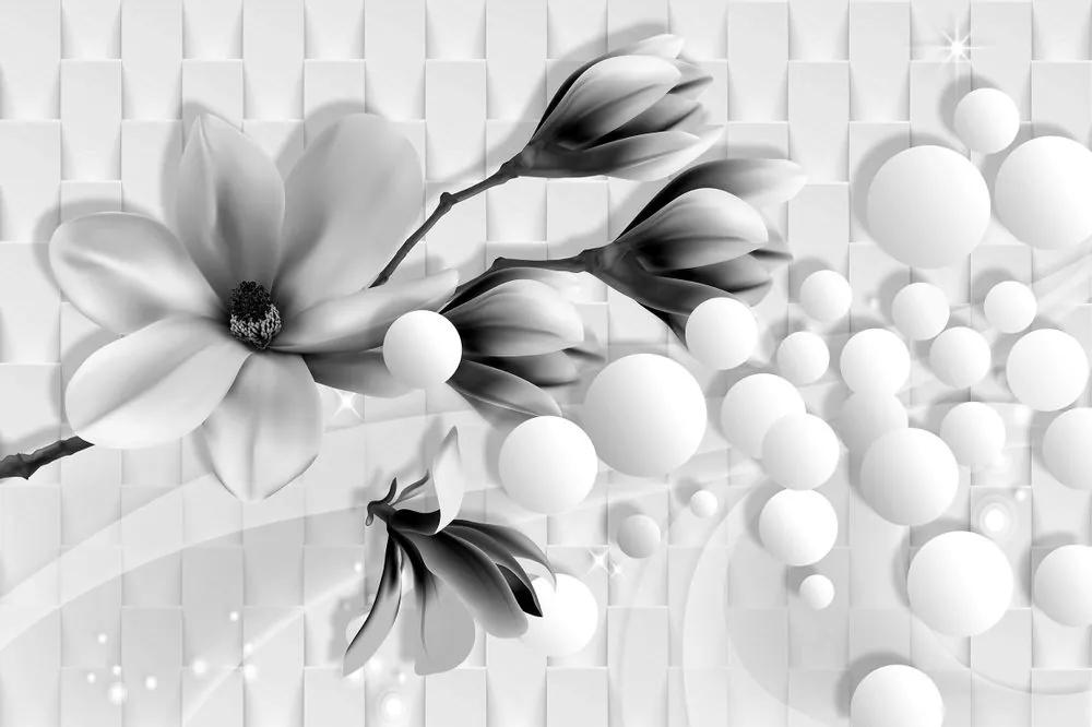 Samolepící tapeta černobílá magnolie s abstraktními prvky - 150x100 cm