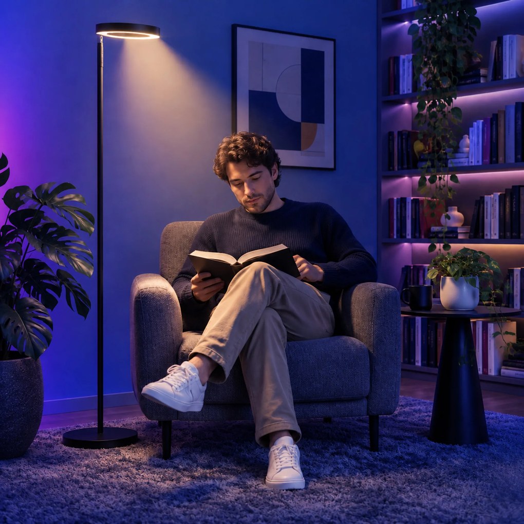 HOMCOM Stojací lampa 42W LED stmívatelná, 3 barevné teploty, stropní reflektor s nastavitelnou hlavou ve tvaru kruhu, černá