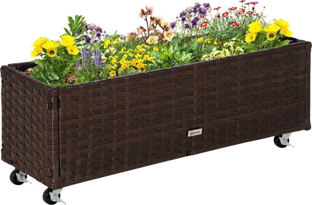 Zvednutý záhon Outsunny z poly ratanového materiálu s kolečky a odvodňovacími otvory, květináč Kávově hnědá 94,5 x 31 x 36 cm | Aosom