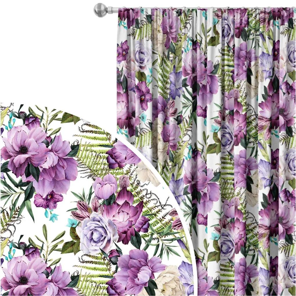 Záclona na žabky Veseli šopek - kompozicija vijoličnih cvetov na beli podlagi na žabki