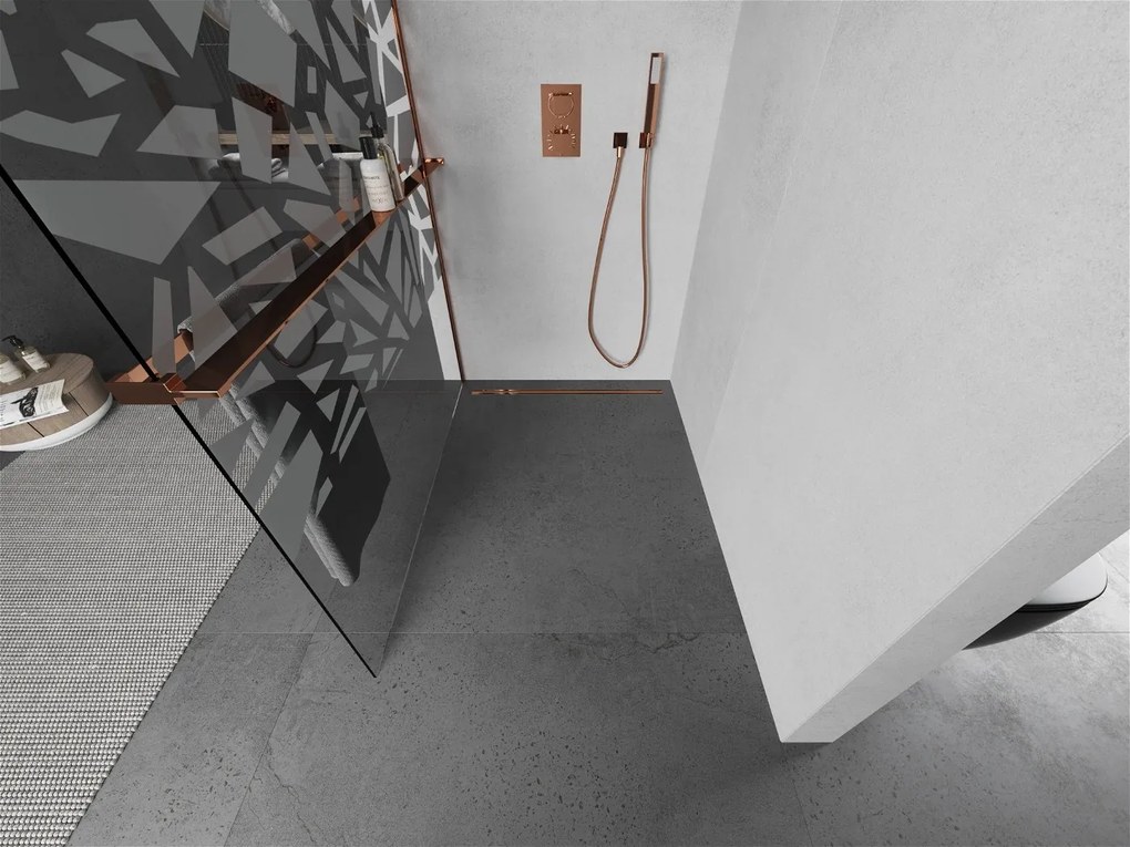 Mexen Kioto+, sprchová zástěna s poličkou a držákem na ručníky 140 x 200 cm, 8mm čiré sklo vzor bílý, profil růžové zlato, 800-140-121-60-85