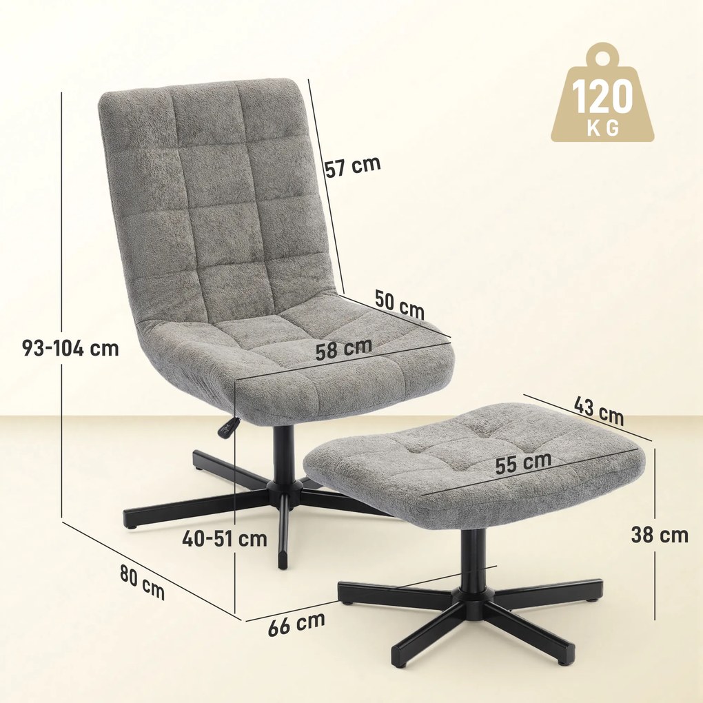 HOMCOM Relaxační křeslo s podnožkou, otočné a výškově nastavitelné, opěradlo 4 polohy, 66 x 80 x 93–104 cm, šedé