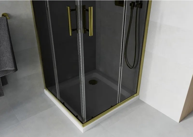 Mexen Rio, čtvercový sprchový kout s posuvnými dveřmi 90 (dveře) x 90 (dveře) x 190 cm, 5mm šedé sklo, zlatý profil + bílá sprchová vanička SLIM, 860-090-090-50-40-4010G