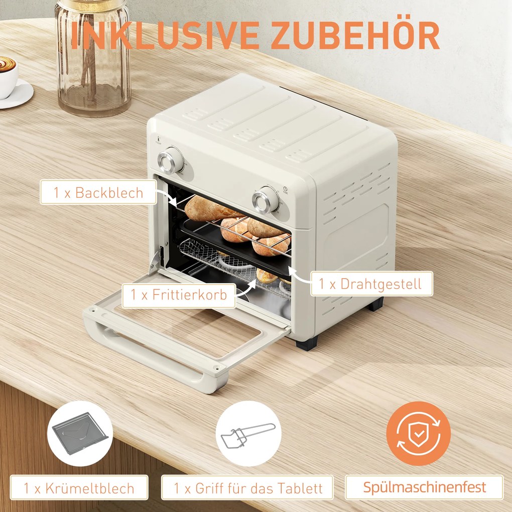 HOMCOM Mini trouba s konvekcí 10 l 2 v 1 Mini trouba s roštem, plechem na pečení a plechem na drobky, horkovzdušná fritéza 80 °C-230 °C, s dotykovým …