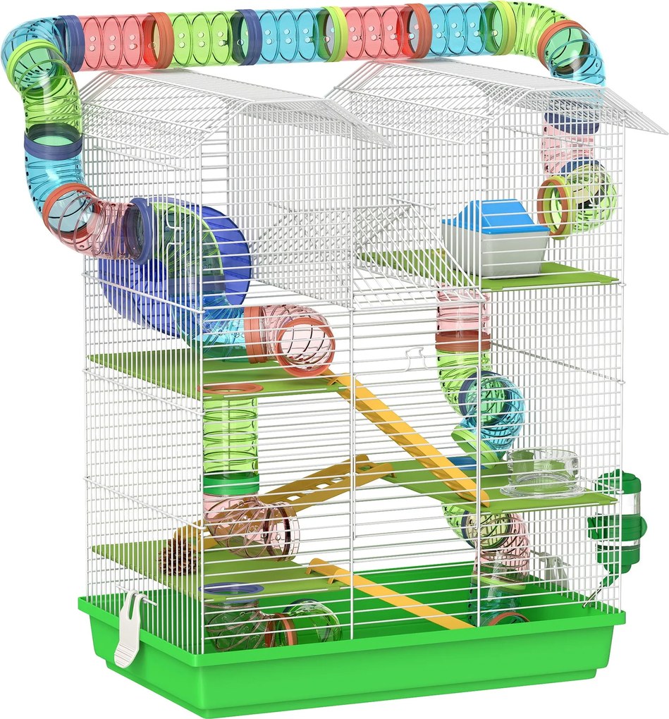 PawHut Klec pro Křečky a Myši s Tunelovým Krmným Kolem 47 x 30 x 59 cm Zelená