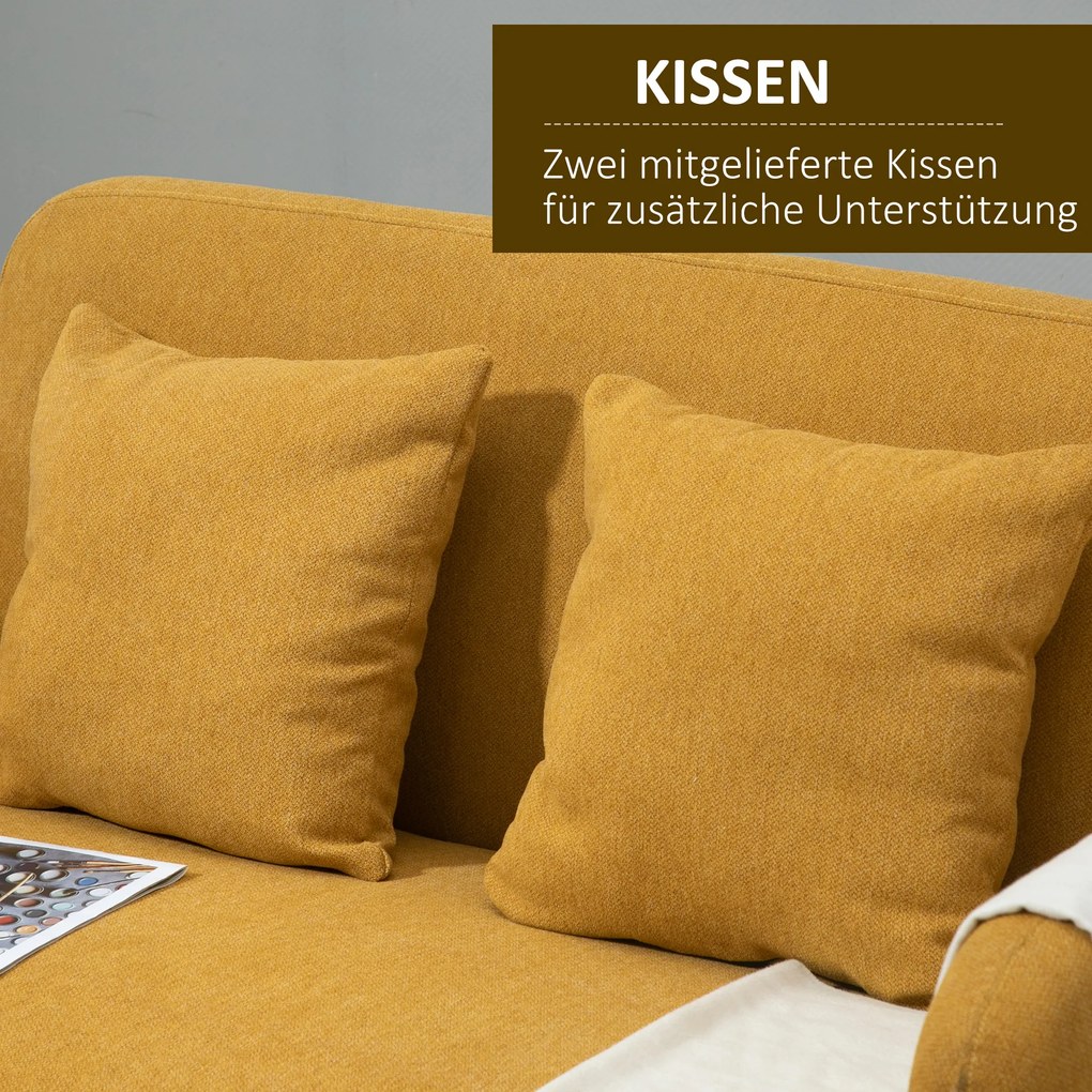 HOMCOM Dvoumístná pohovka s polštáři, nastavitelné podnožky, sametový polyester, pěna, kompaktní design, 2místná, přírodní+žlutá| Aosom