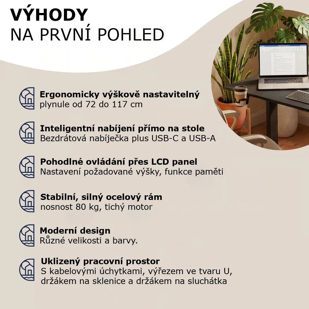 Výškově nastavitelný kancelářský stůl FLEXI, 160x70x72-117cm, černá Casaria