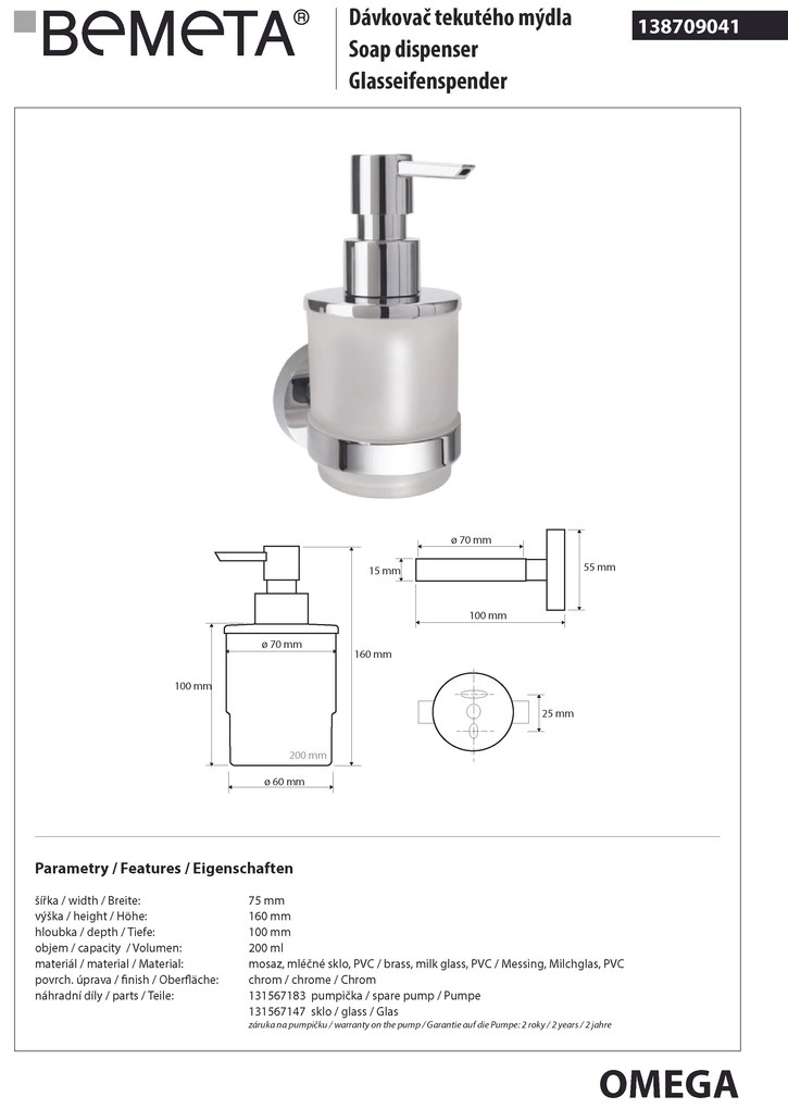 Bemeta Design OMEGA: Dávkovač mýdla, 200 ml -
