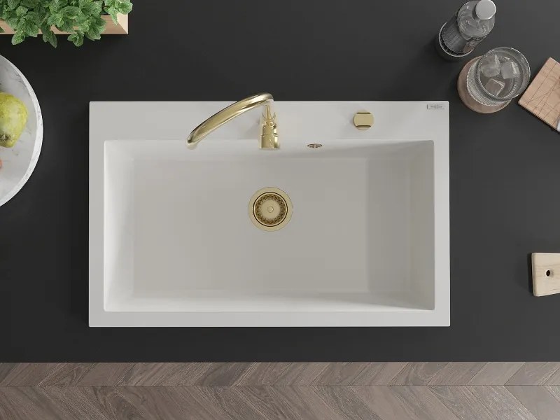 Mexen Elix granitový dřez 1-komorový 800 x 500 mm, bílý, zlatý sifon - 6527801005-20-G