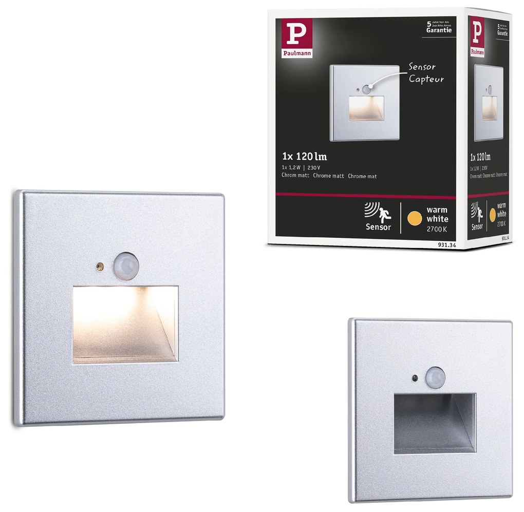 Paulmann 93134 Edge Quadro, svítidlo do stěny se senzorem, 1x1,2W LED 2700K, matný chrom, 8x8cm