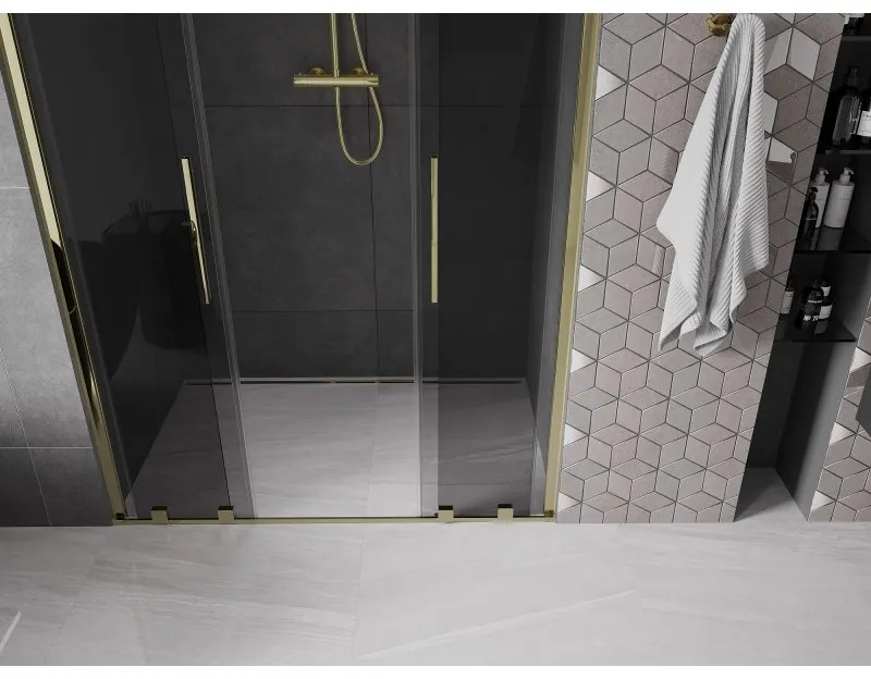 Mexen Velar L Duo, posuvné sprchové dveře do otvoru 160 cm, 8mm šedé sklo, zlatá lesklá, 871-160-003-42-50