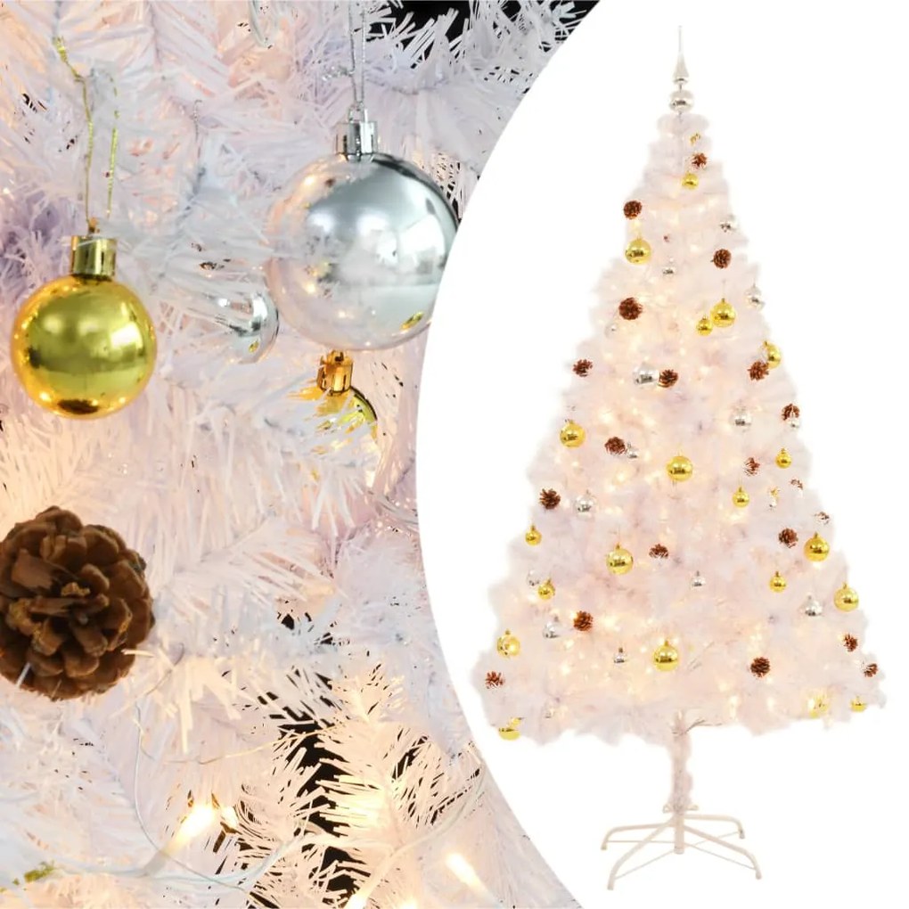 246397 vidaXL Umělý vánoční stromek ozdobený s baňkami a LED 210 cm bílý