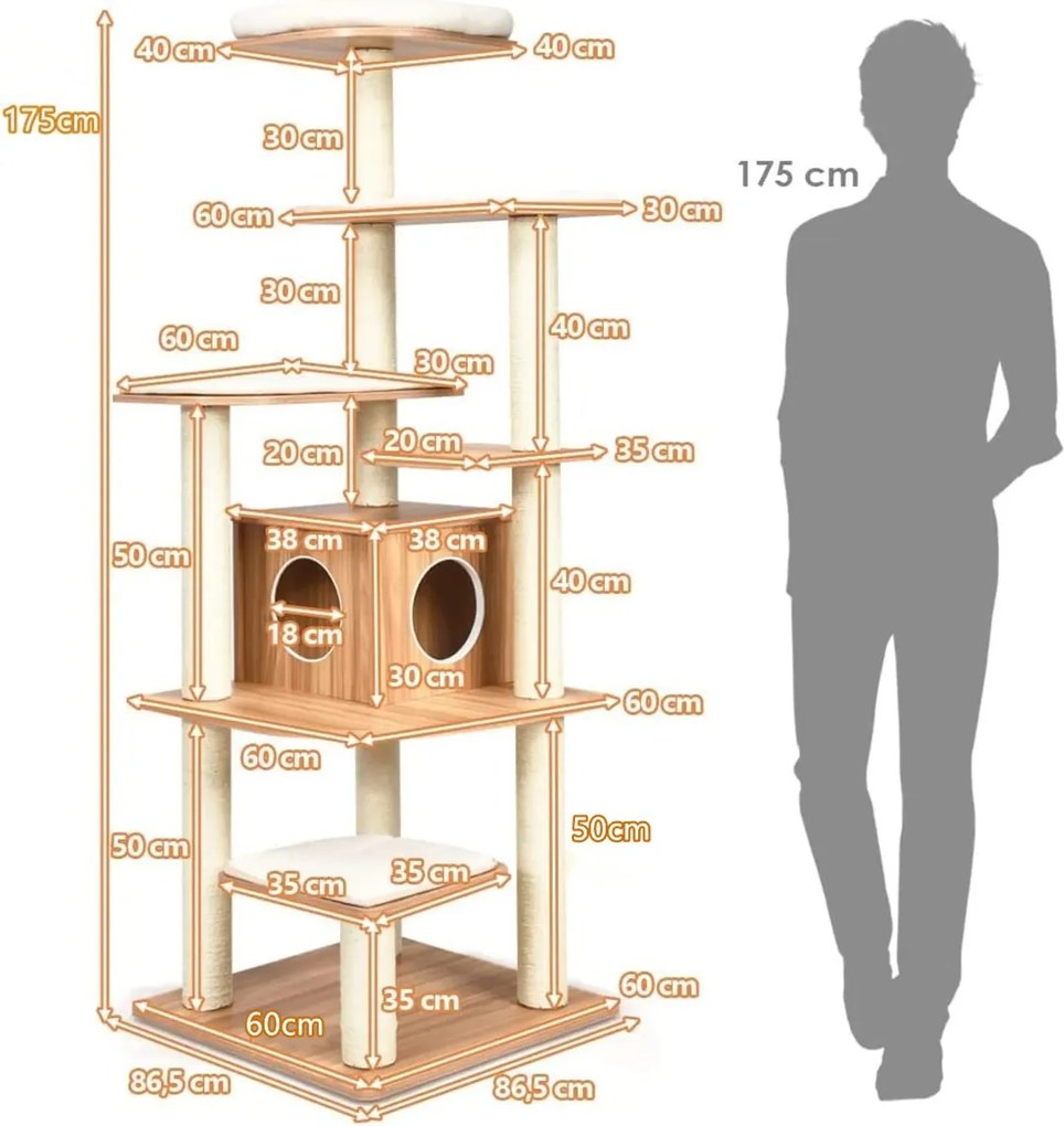 Costway 175 cm kočičí strom 6patrové škrabadlo pro kočky dřevěné škrabadlo