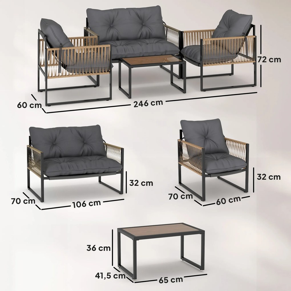 Zahradní ratanový nábytek Outsunny 4 kusy s polštáři, zahradní sedací souprava, 1 skleněný konferenční stolek, 2 křesla, 1 dvoulůžková pohovka, elega…