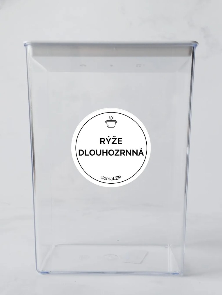 RÝŽE DLOUHOZRNNÁ – bílá samolepka na dózu, tučné písmo, 5 cm | DomaLEP