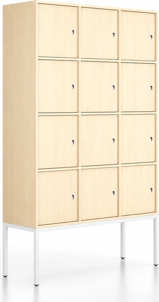 Kancelářská skříň FRAME, bílá podnož, 12x dveře, 1299 x 450 x 2185 mm, cylindrický zámek, bříza