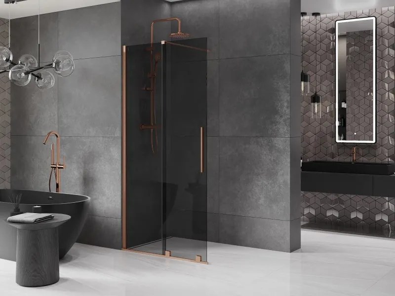 Mexen Velar, sprchová zástěna s posuvnými dveřmi Walk-in 100 x 200 cm, 8mm šedé sklo, měděná matná, 871-100-000-43-65