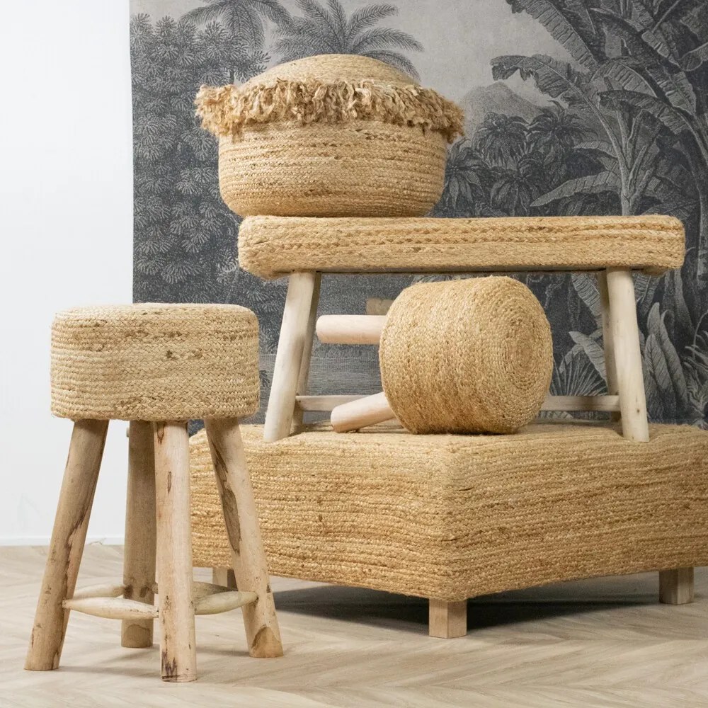 Jutový pletený puf na sezení s třásněmi - Ø 50*35cm