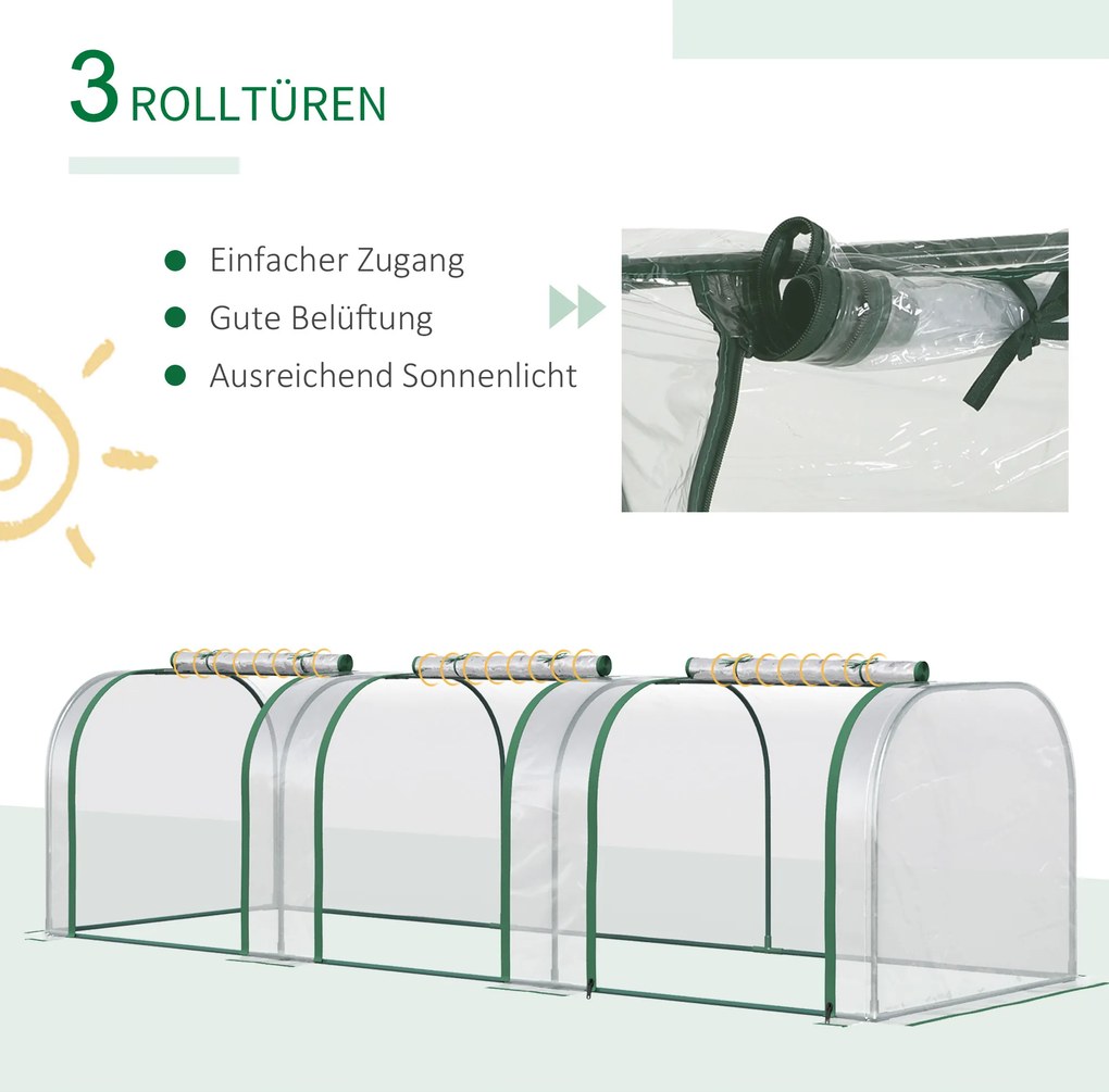 Fóliový skleník Outsunny, skleník, skleník s dveřmi, chladicí rám, skleník pro rostliny, školka pro rostliny, ocel, průhledný, 295 x 100 x 80 cm