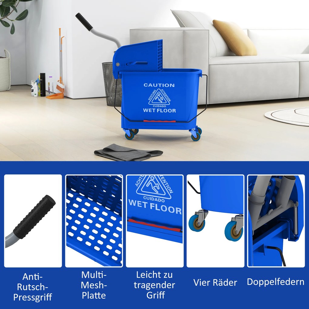 HOMCOM Úklidový vozík mycí kbelík pro domácnost 20 l s odstředivkou a odlučovačem čisté špinavé vody modrý 60L x 27W x 70,5H cm