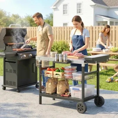 Outsunny zahradní servírovací vozík se 3 úrovněmi, pracovní plocha z nerezové oceli, kolečka, háky, odnímatelný koš, boční rukojeť, 114x61x81 cm, čer…