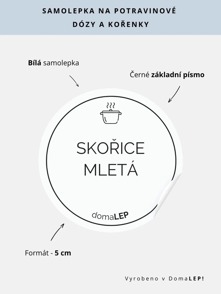 Samolepka na kořenky SKOŘICE MLETÁ bílá 5 cm základní písmo