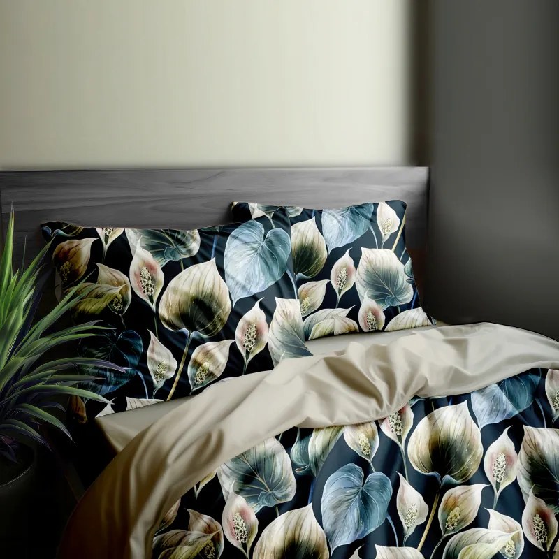 Ervi Bavlněné Saténové povlečení DELUXE DUO - Exotické listy/béžové