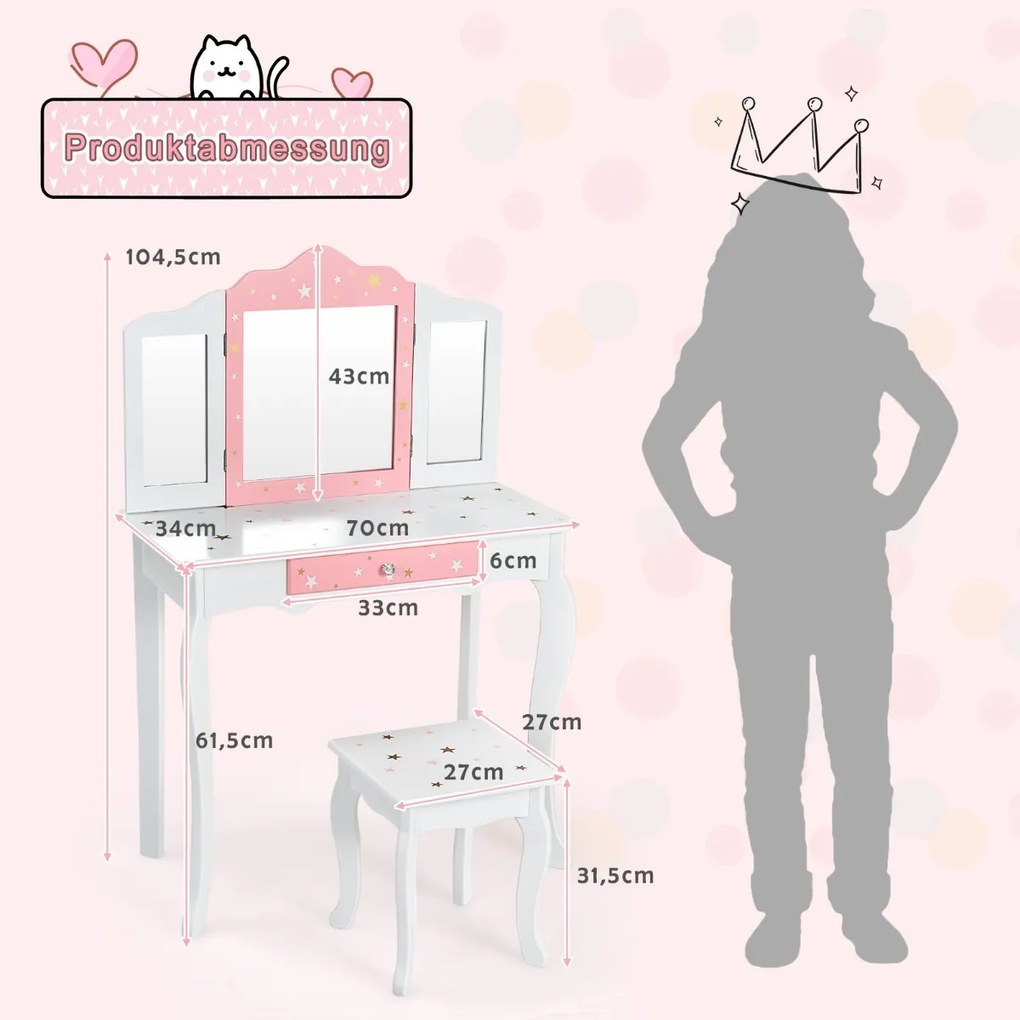 Costway Dětský toaletní stolek Princess se zásuvkou skládací zrcadlo s toaletním