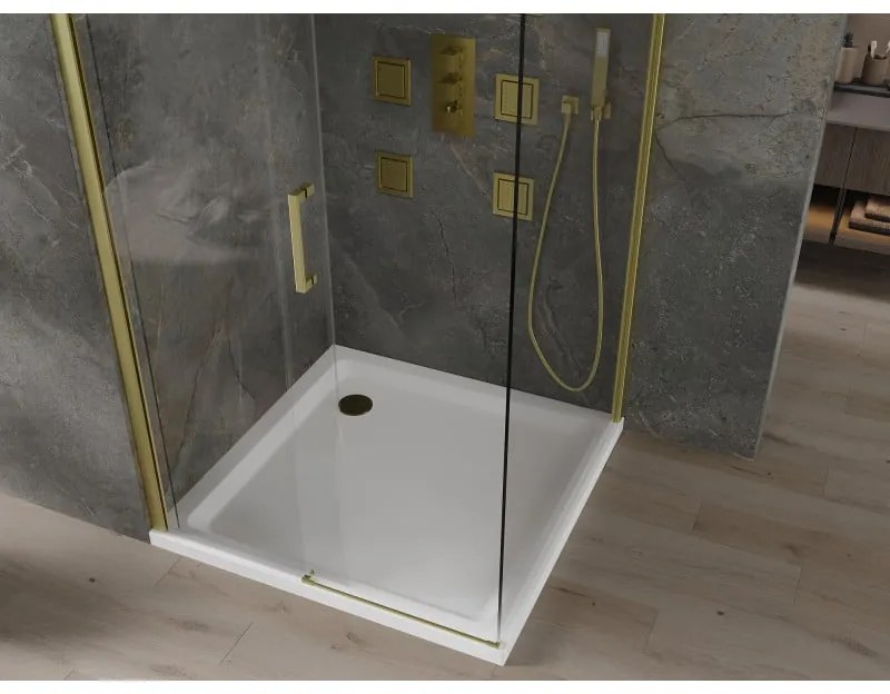 Mexen Omega posuvný sprchový kout 100 x 100 cm, 8mm sklo, zlatý profil-čiré sklo + slim sprchová vanička 5cm, 825-100-100-50-00-4010