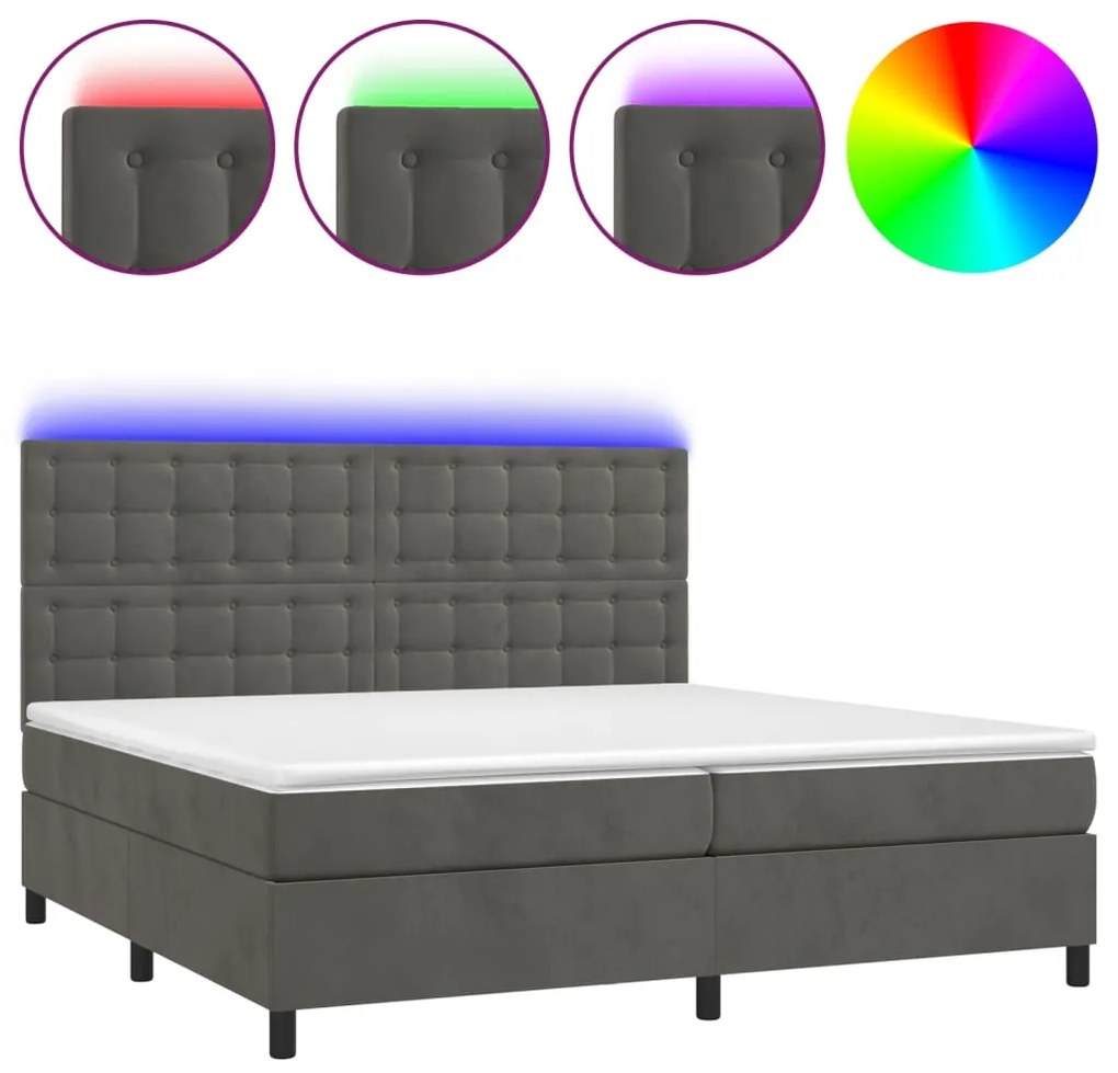 Box spring postel s matrací a LED tmavě šedá 200x200 cm samet,  3136384