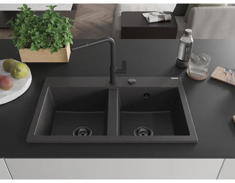 Mexen Hektor, 2-komorový granitový dřez 800x480x205 mm, černá skvrnitá, grafitový sifon, 6521802000-76-B
