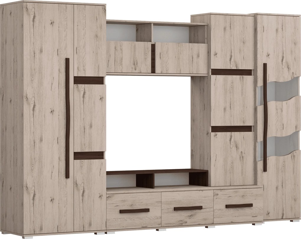 IDZ Obývací stěna SAN MARINO, 300 cm - Dub Craft šedá / Čokoládová