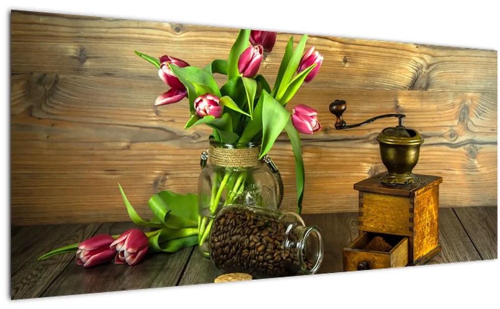 Obraz - tulipány, mlýnek a káva (100x40 cm), 40 dalších rozměrů