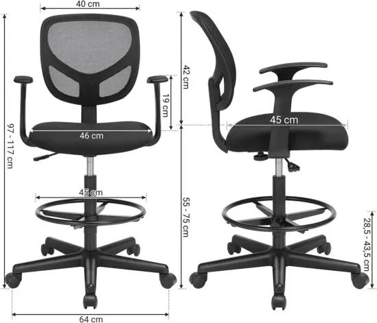 Ergonomická kancelářská židle s opěrkami, vysoká otočná židle s výškou sedáku 55-75 cm, černá