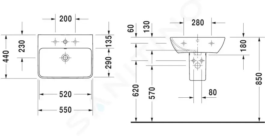 DURAVIT - ME by Starck Umyvadlo 550x440 mm, s přepadem, s otvorem pro baterii, bílá (2335550000)