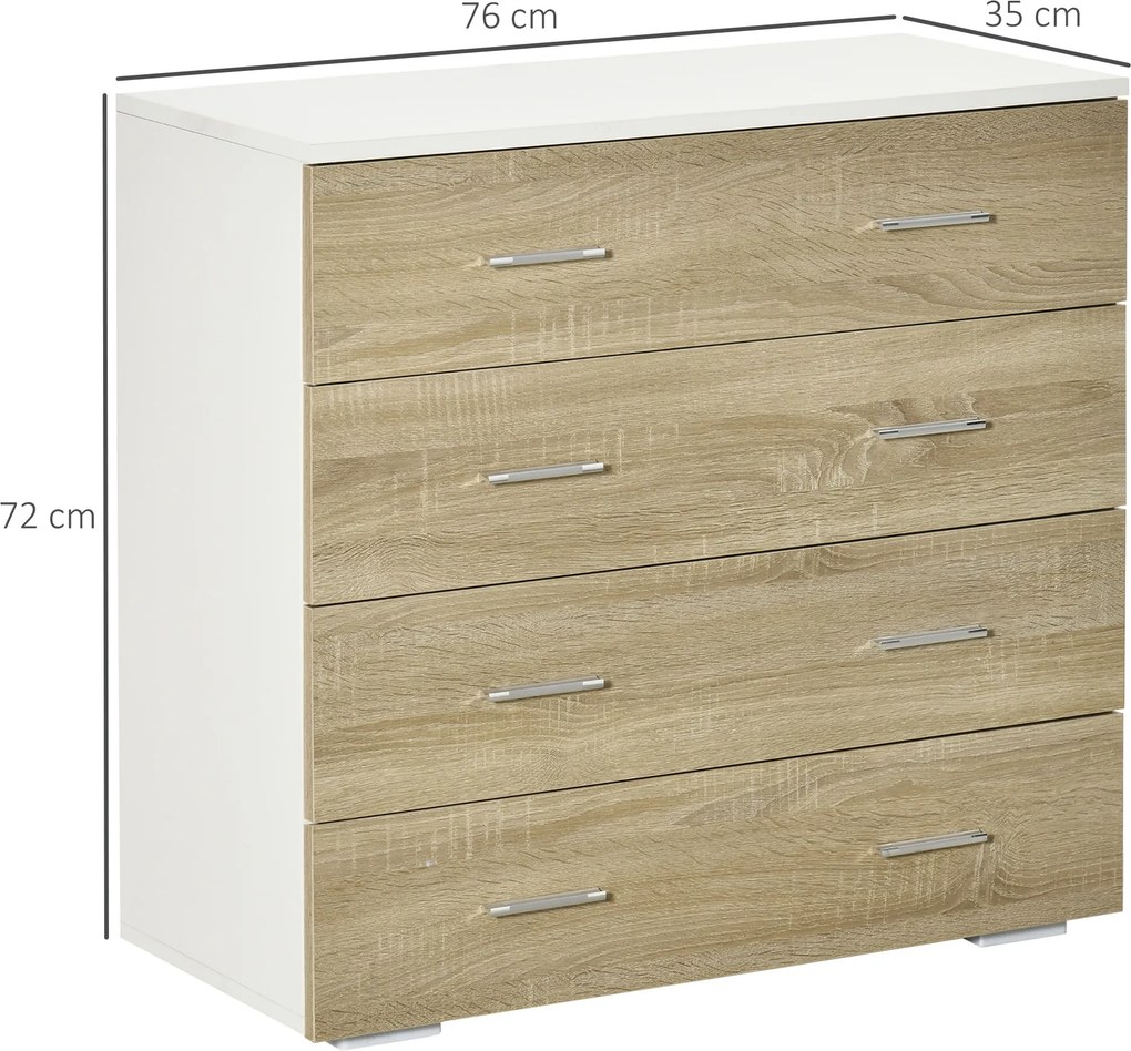 HOMCOM Komoda se 4 šuplíky - Moderní pomocný úložný kabinet do ložnice, chodby nebo obývacího pokoje, 76x35x72 cm, dub a bílá