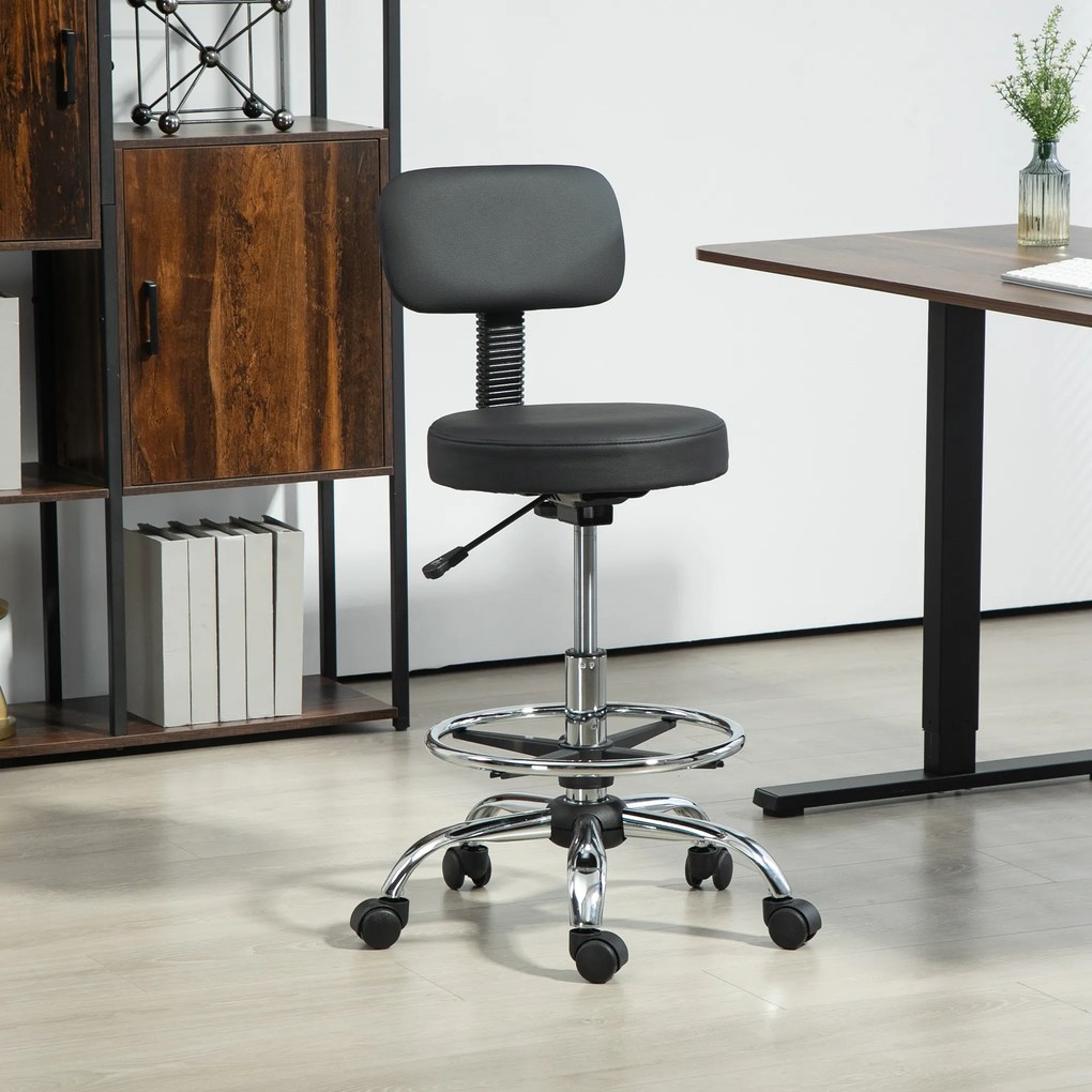 HOMCOM Ergonomická kancelářská židle s nastavitelným nožním kroužkem, bez područek, výškově nastavitelná otočná židle v černé PU kůži