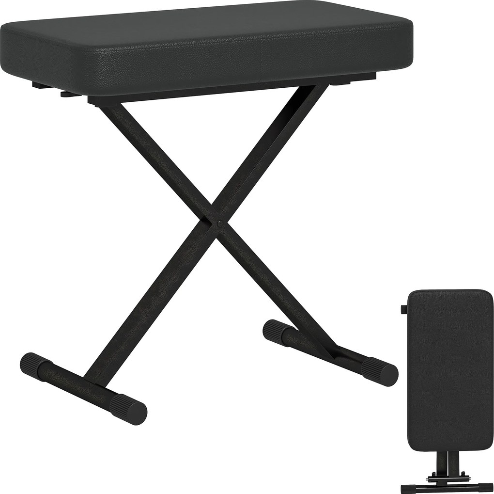 Skládací a nastavitelné pianové stoličky HOMCOM v 4 výškách s X strukturou, PU kůže a kovová stolička s protiskluzovými nohami, 60x32x53-63 cm, Černá