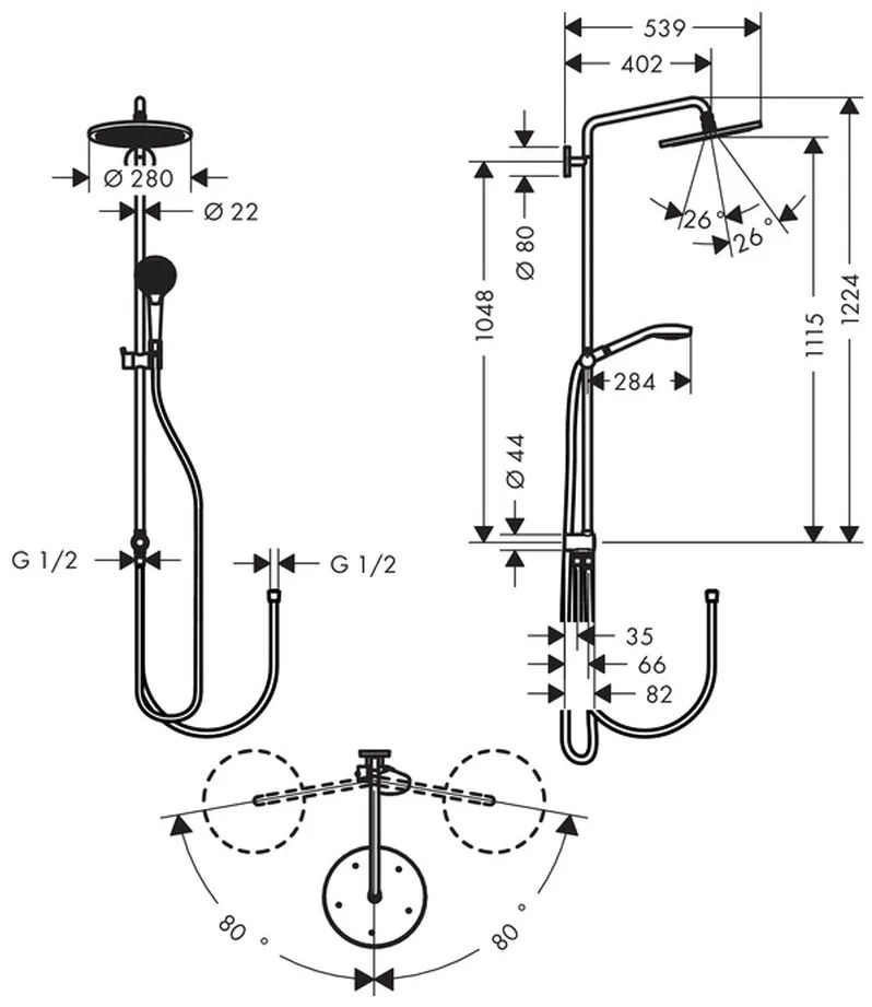 Hansgrohe Croma Select S, Showerpipe 280 1jet Reno, chromová, HAN-26793000
