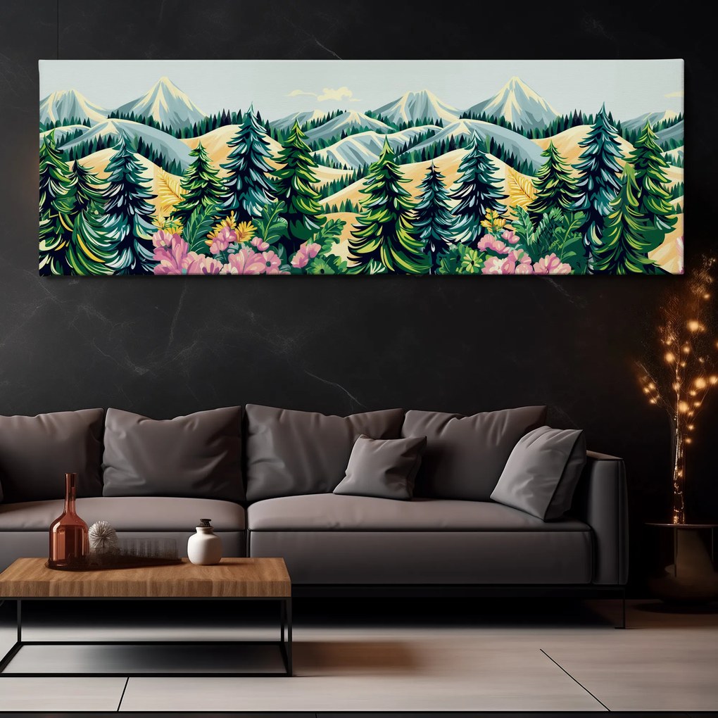 Obraz na plátně - Útulné lesy a sněžné hory FeelHappy.cz Velikost obrazu: 180 x 60 cm