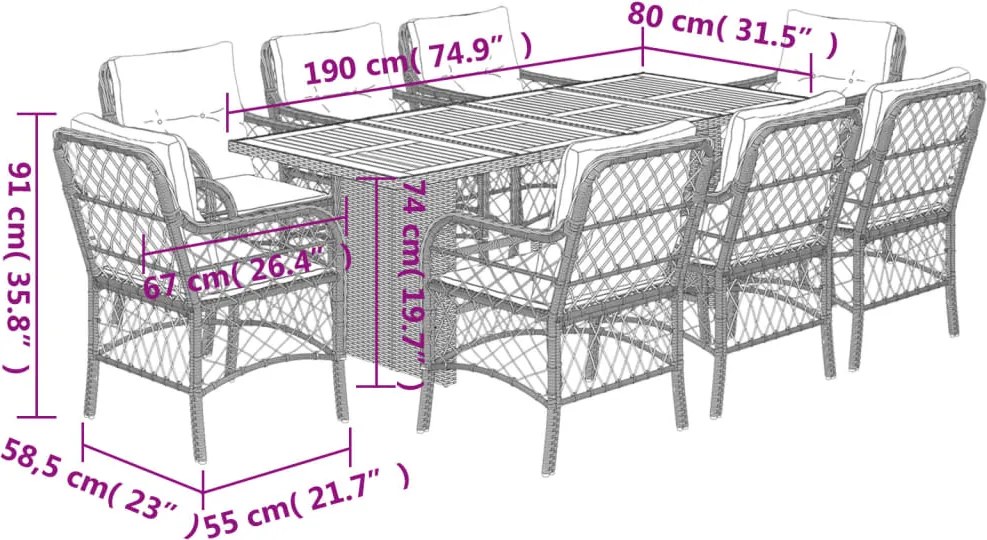 9dílný zahradní jídelní set s poduškami béžový polyratan 3212077