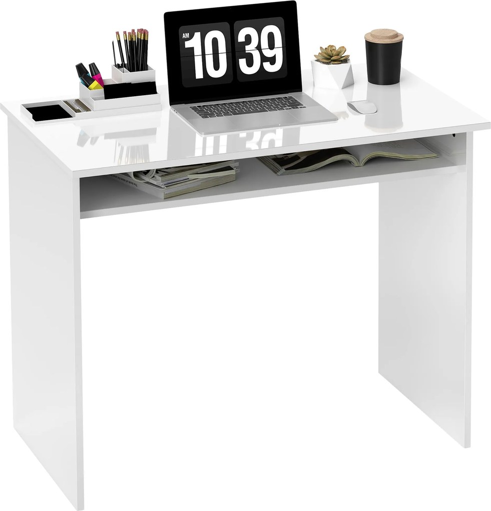 HOMCOM Počítačový stůl Kompaktní Elegantní kancelářský stůl s 1 policí, Dřevotříska, rozměr 90D x 50Š x 74V cm, Vysoce lesklá bílá