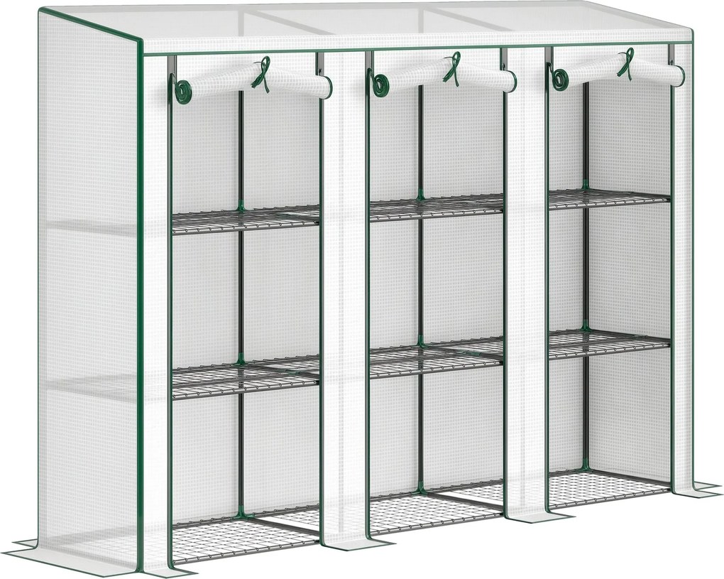 Outsunny 3patrový PVC zahradní skleník s ocelovým rámem, 2 rolovacími dveřmi — 215 x 46 x 151 cm, bílý | Aosom