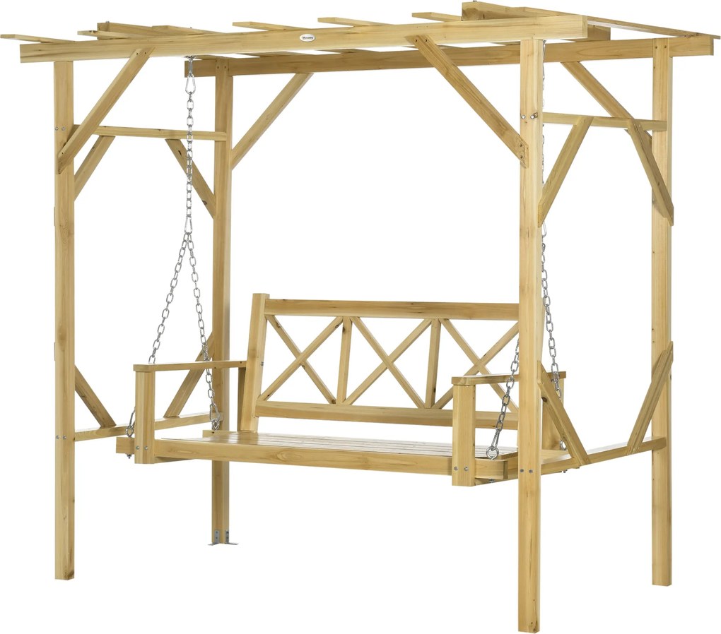 Outsunny Hollywoodská houpačka s pergolou, 2-místná zahradní houpačka, odolná bench pro zahradu, balkon, masivní dřevo, přírodní, 221 x 140 x 196 cm |