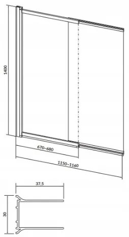 Cersanit Larga, vanová zástěna 140x115 cm, dvoukřídlé průhledné sklo, černý profil, S932-142