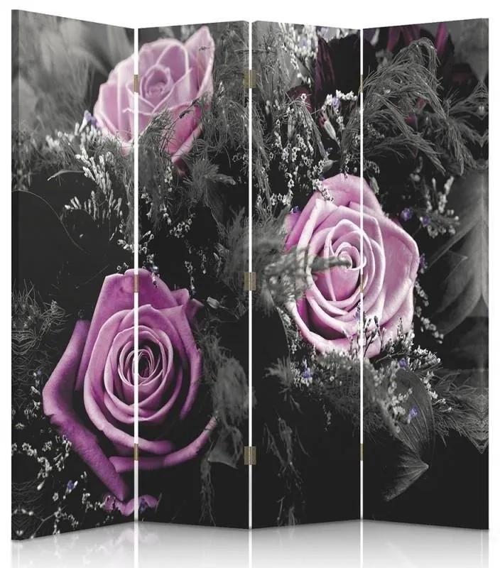 Ozdobný paraván Růže Květiny - 145x170 cm, čtyřdílný, obustranný paraván 360°