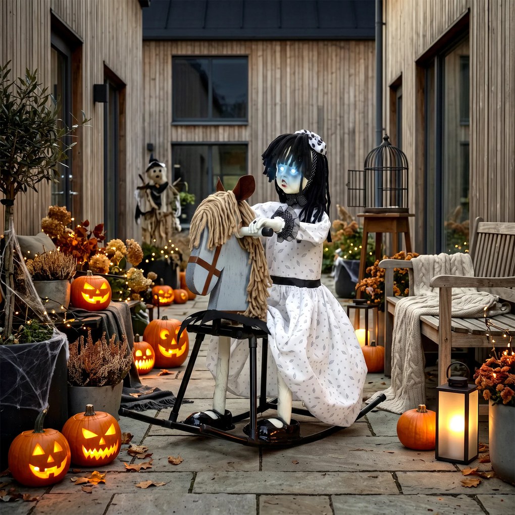 HOMCOM Animovaná Halloween dívka na houpacím koni s hrůzostrašnými rýmy, svítícíma očima a aktivací zvukem / dotykem