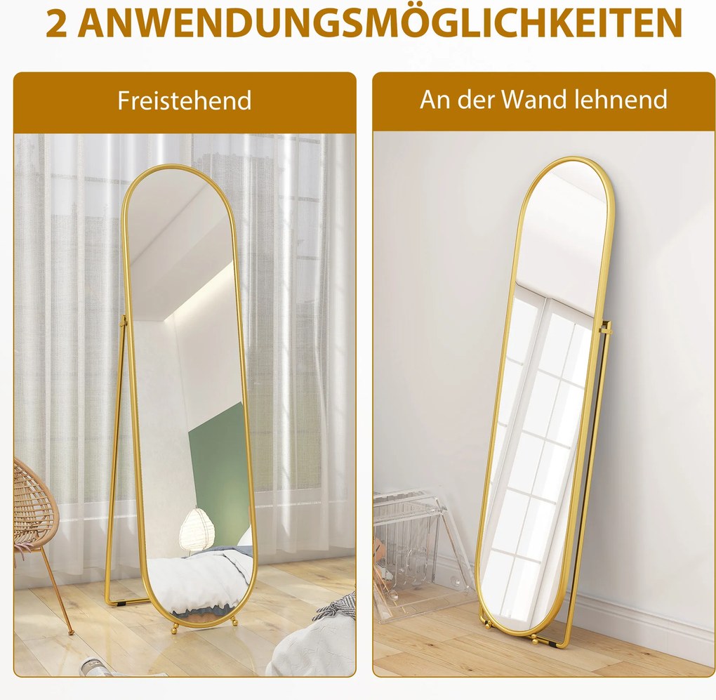 HOMCOM oválné celoformátové volně stojící zrcadlo, 50 × 180 cm — nerozbitné sklo, kovový rám a stojan, zlaté — do ložnice, obýváku, předsíně