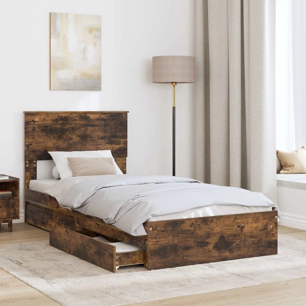 Postel s úložným prostorem se zásuvkou Kouřový dub 90 x 190 cm 3410844