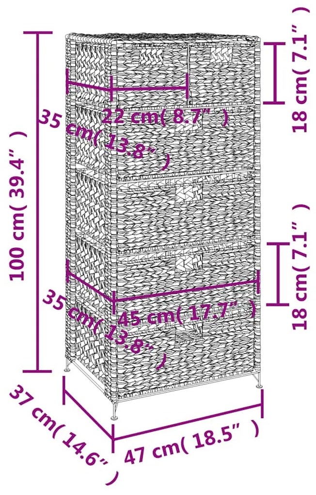 vidaXL Marketos Komoda se 6 košíky 47 x 37 x 100 cm vodní hyacint
